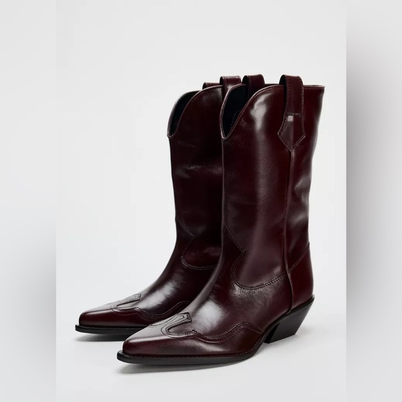 Zara | Shoes | Zara Burgundy Leather Western Boots Cowboy Cowgirl Boho ...